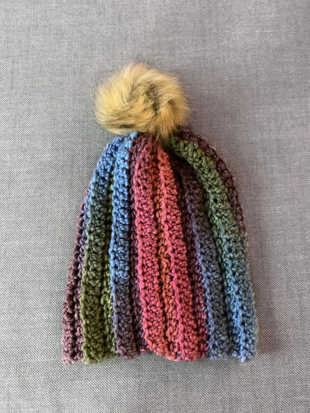 Child's Rainbow Toque With Pom Pom, Jewel Toned Multi Coloured Kids ...