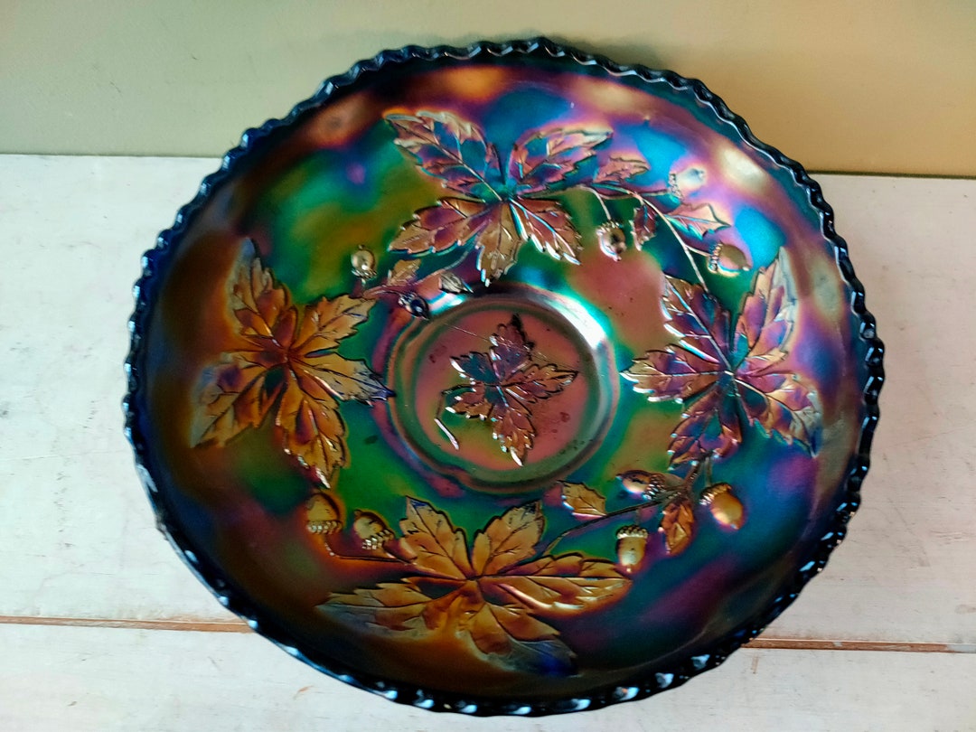 Stunning Fenton 'autumn Acorns' Electric Blue Gold Carnival Glass Bowl ...