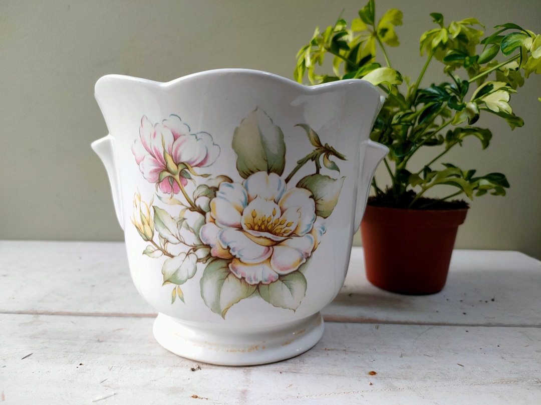 Attractive Ceramic Planter With Floral Magnolia Design. Cache Pot ...