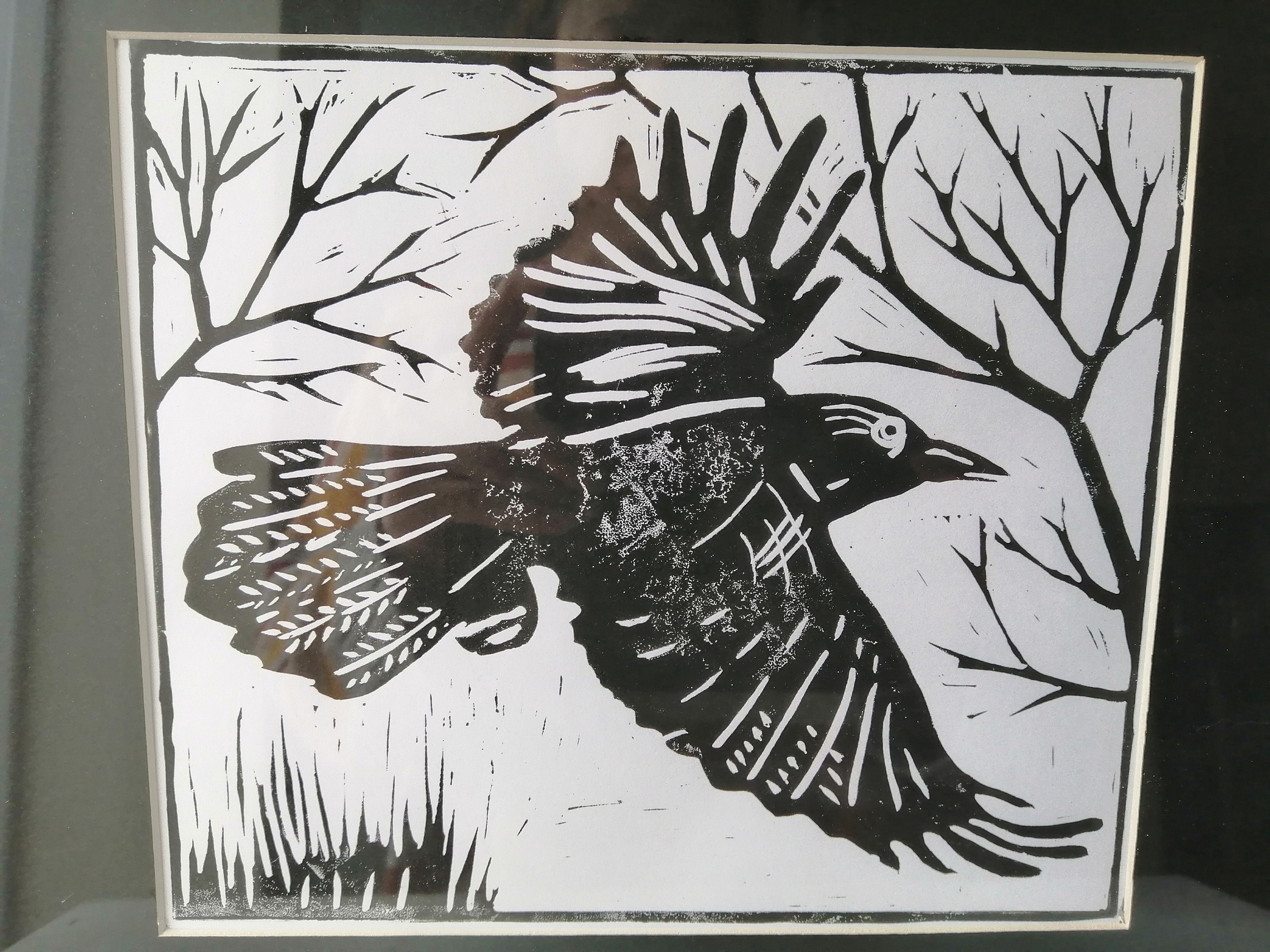 Original Lino Cut Print of Flying Crow in Black and White. - Etsy