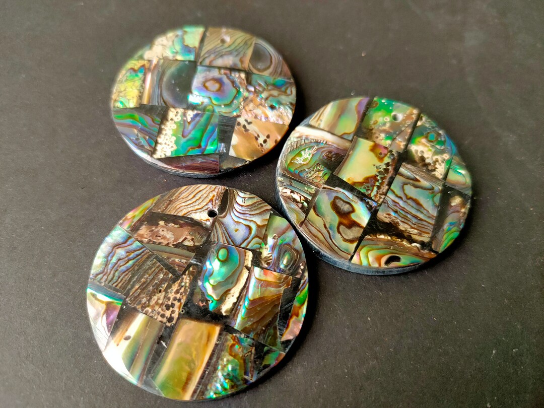 Paua Shell 4 Cm Diameter Pendant/bead, Abolone Mosaic on Black Resin ...