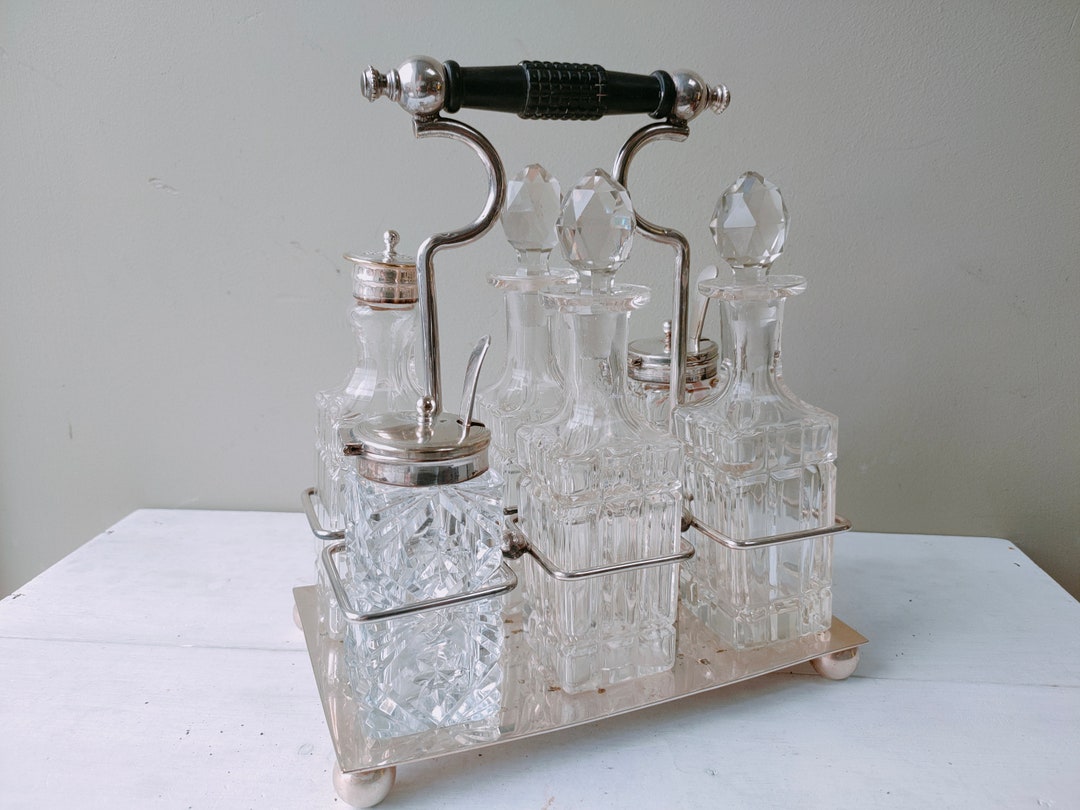 Gorgeous 6 Piece Cut Glass and Silver Plated Cruet Set With Stand. 3 ...