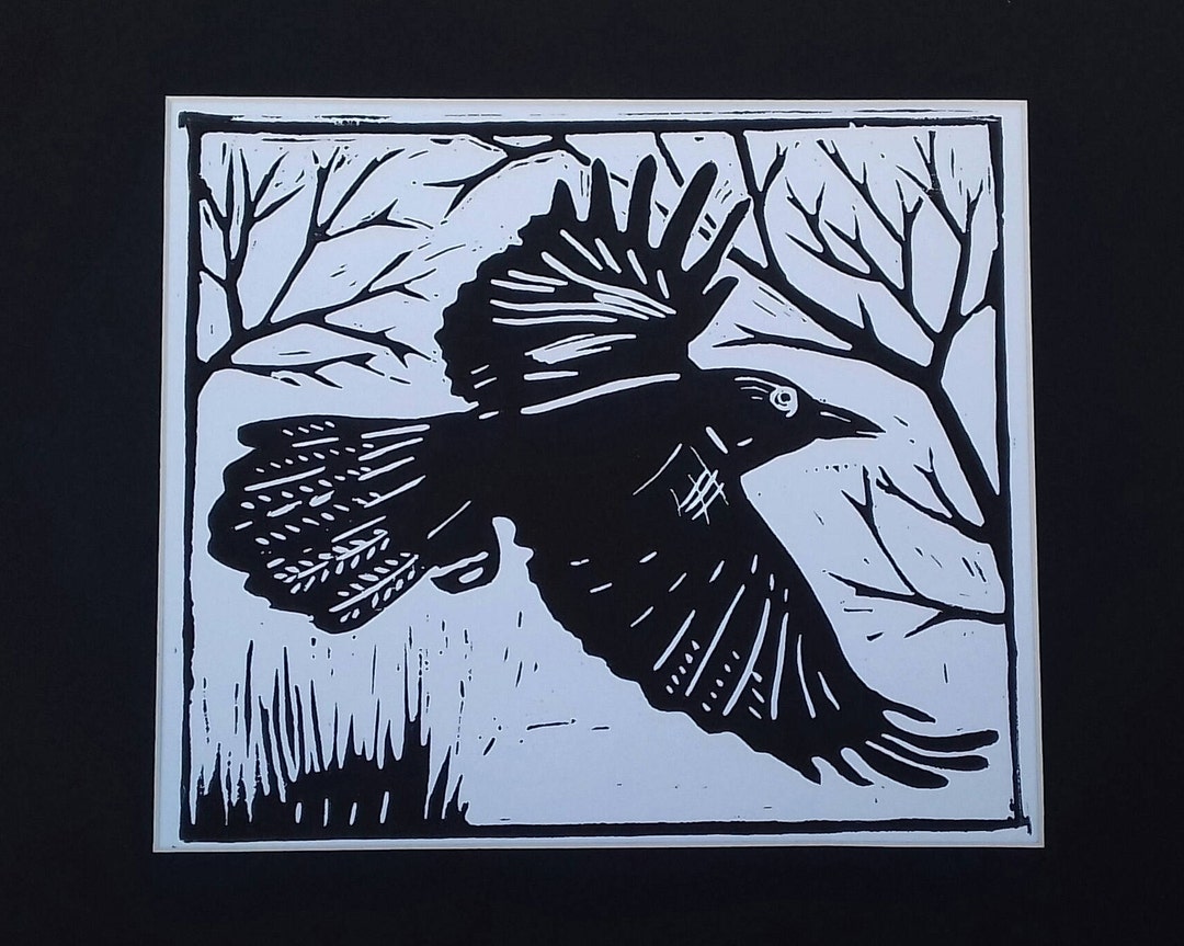 Original Lino Cut Print of Flying Crow in Black and White. "crow Over ...