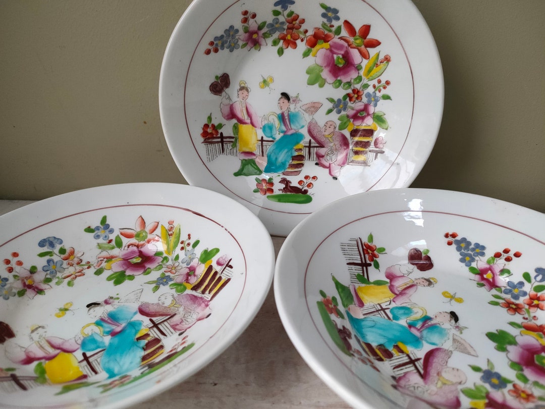 Gorgeous Set of 3 Antique 5 1/2" Saucers/dishes in Brightly Clobbered ...