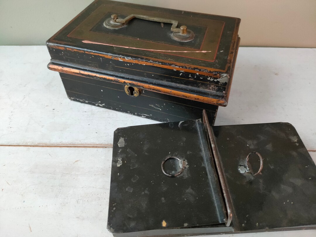Vintage Black, Bronze and Gold Metal Money Tin, Cash Box or Lock Box ...