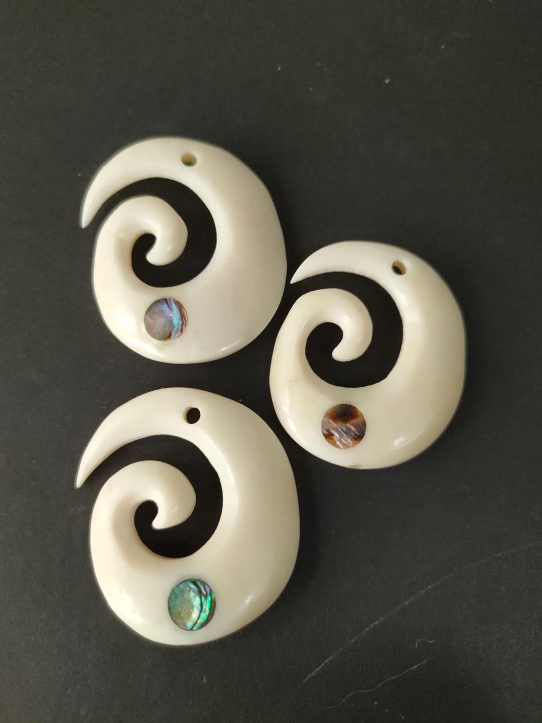 Hand Carved 1 1/4" Bone Koru Spiral Pendant With Abalone Shell ...