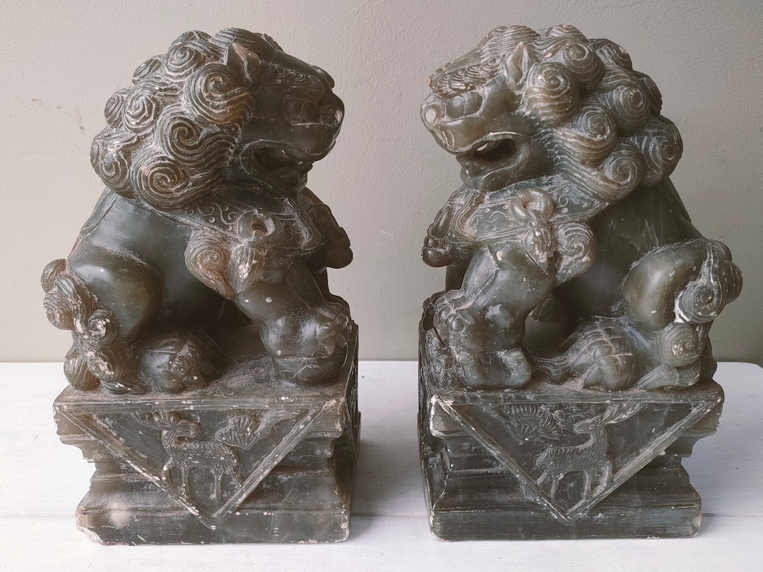 Beautiful Pair of 7" Chinese Foo Dogs Made of Carved Soapstone. for ...
