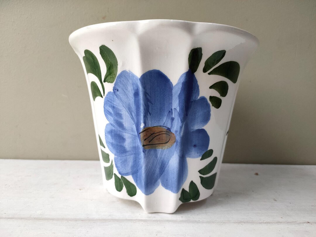 Lovely Vintage Floral Planter With Hand Painted Pink and Blue Flowers ...