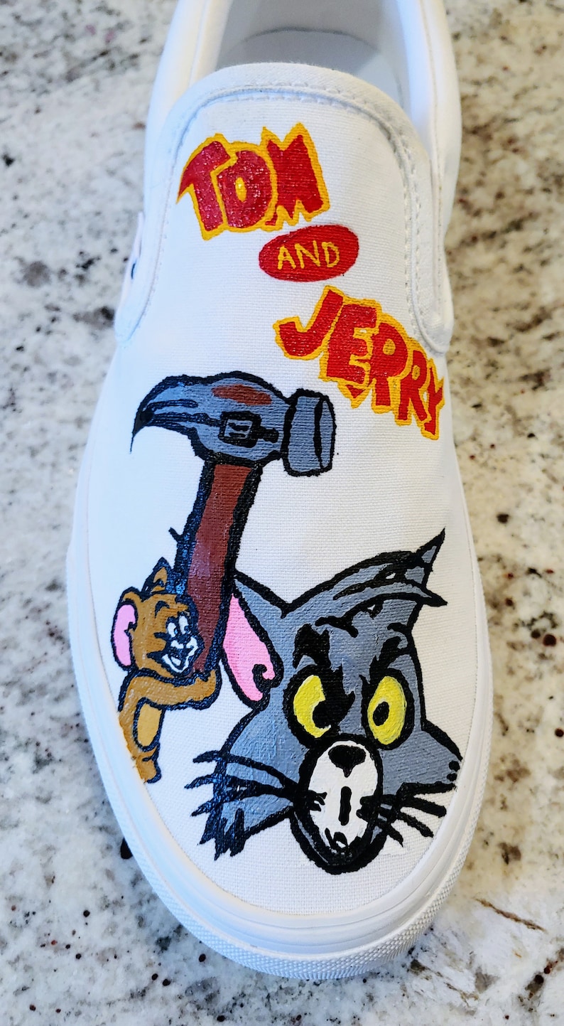 Hand Painted Tom and Jerry Cartoon Vans Type Slip on Custom Shoes, Men ...