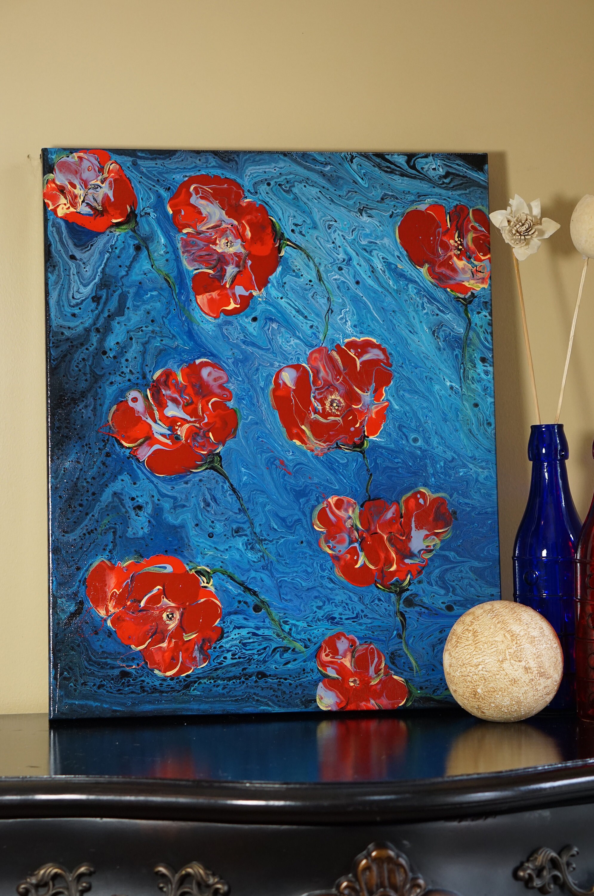 Original Modern Chic Hand- Painted Beautiful Abstract Red Floral Canvas ...
