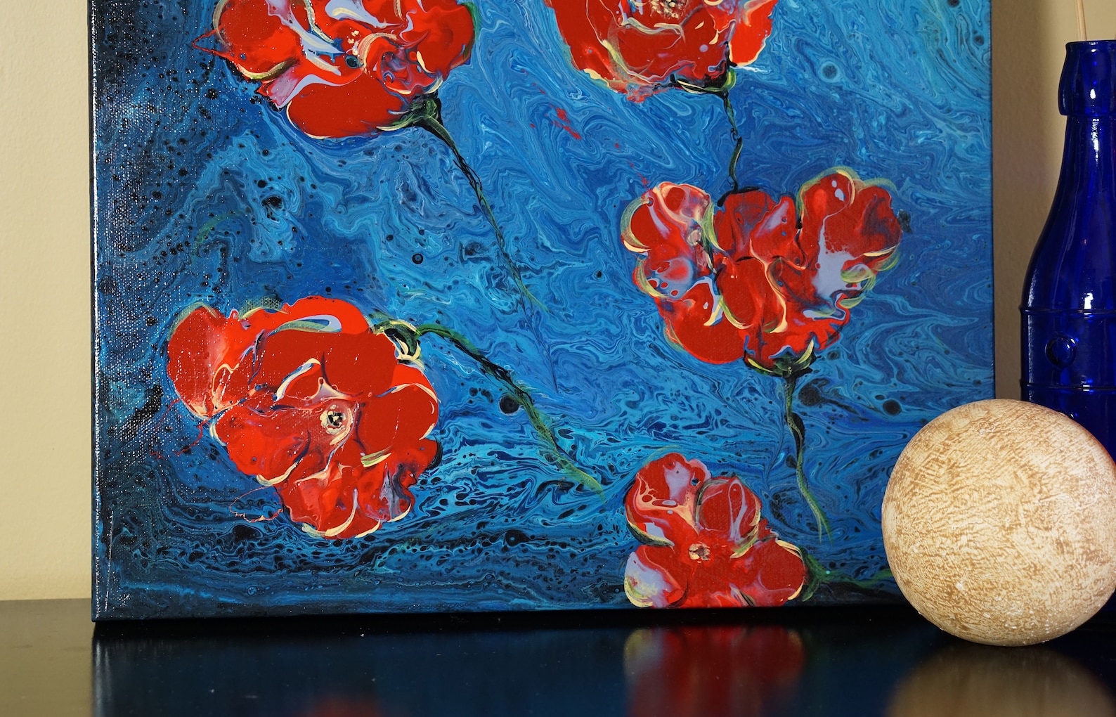 Original Modern Chic Hand- Painted Beautiful Abstract Red Floral Canvas ...