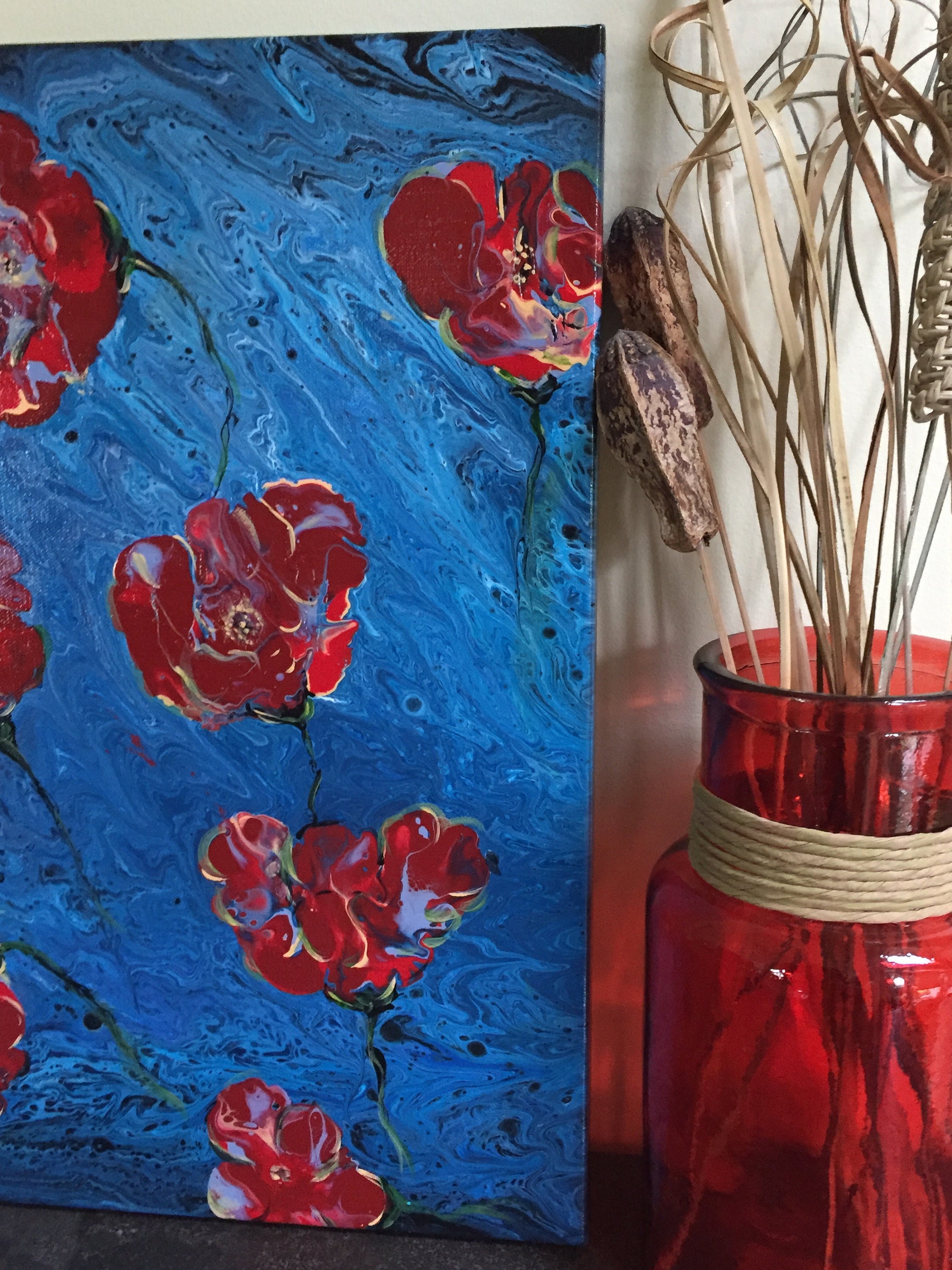 Original Modern Chic Hand- Painted Beautiful Abstract Red Floral Canvas ...