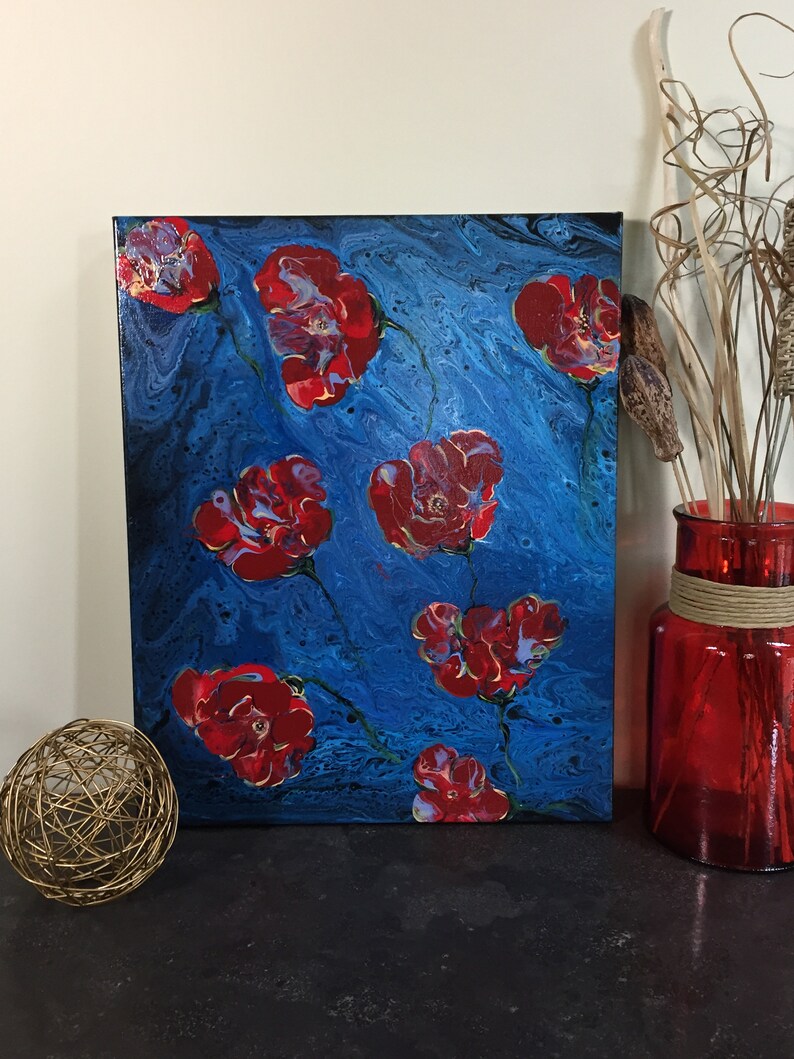 Original Modern Chic Hand- Painted Beautiful Abstract Red Floral Canvas ...