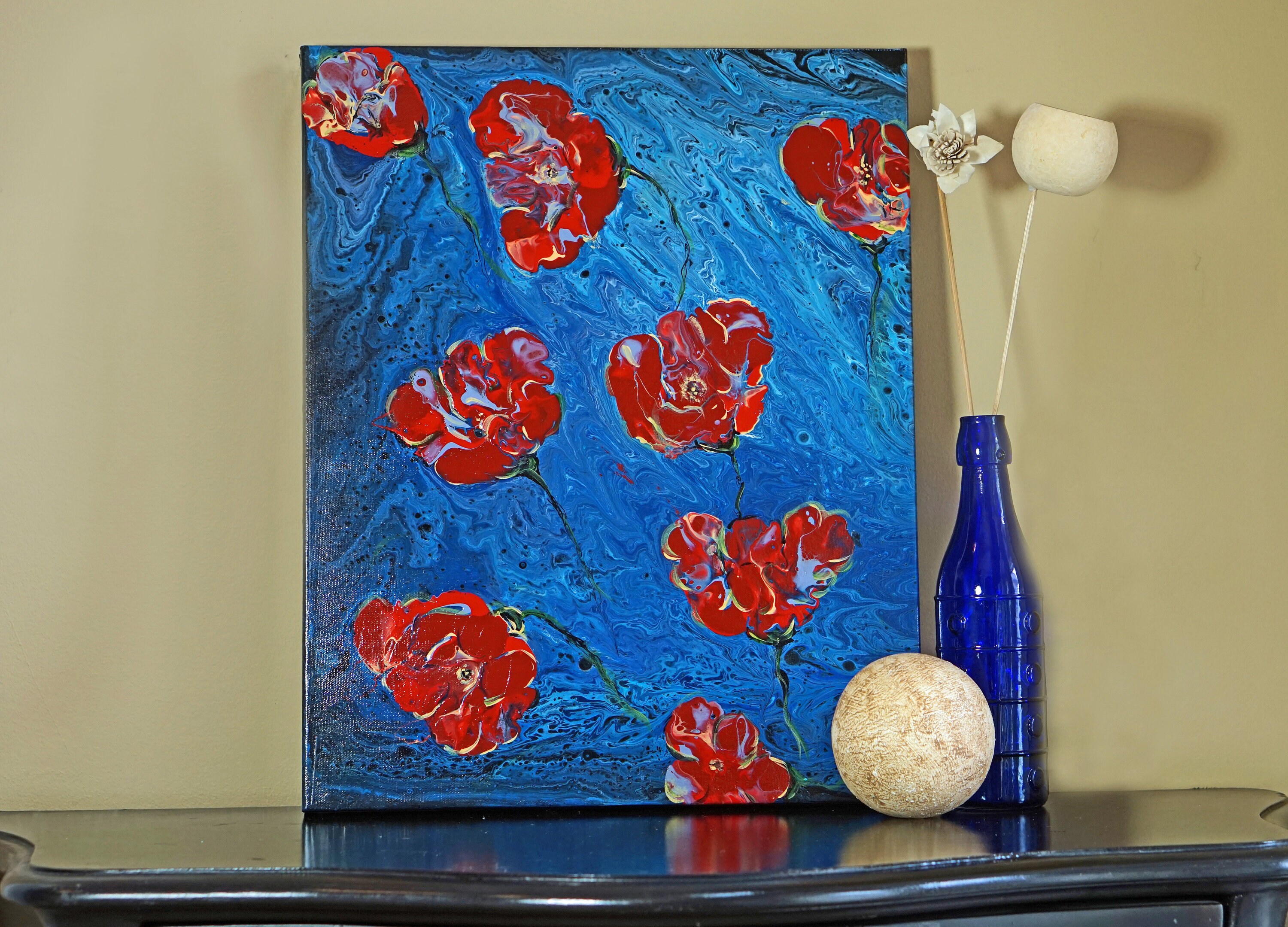Original Modern Chic Hand- Painted Beautiful Abstract Red Floral Canvas ...