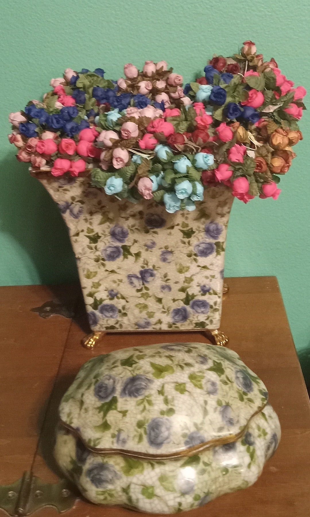 2 Piece Set Vintage Victorian Blue Flower Holder English Rose Vase Claw ...