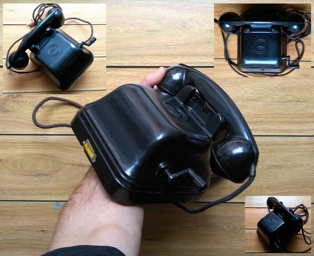 Soviet Desk Telephone Black Heavy Bakelite Phone Hand Crank Magneto ...