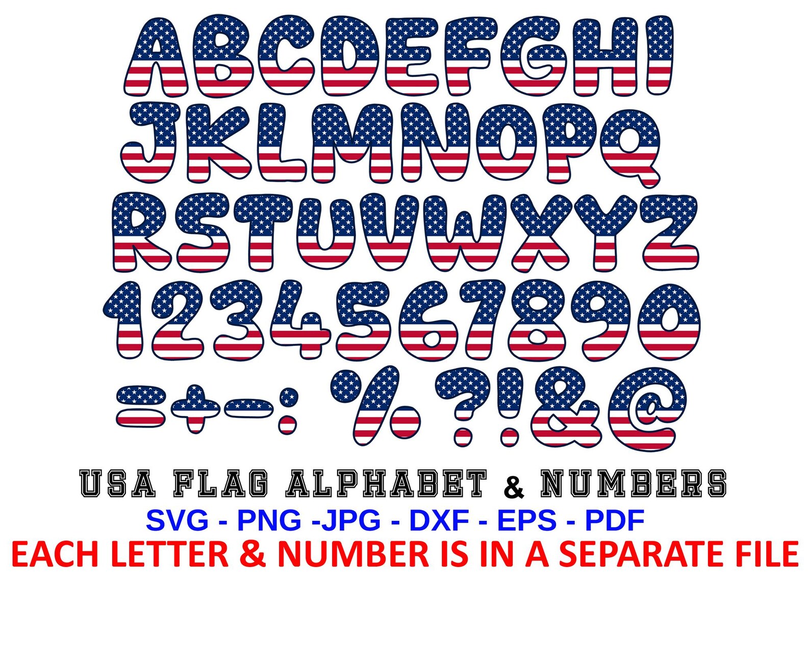 AMERICAN FLAG Alphabet and Numbers Png, Usa Alphabet Png, Usa Numbers ...