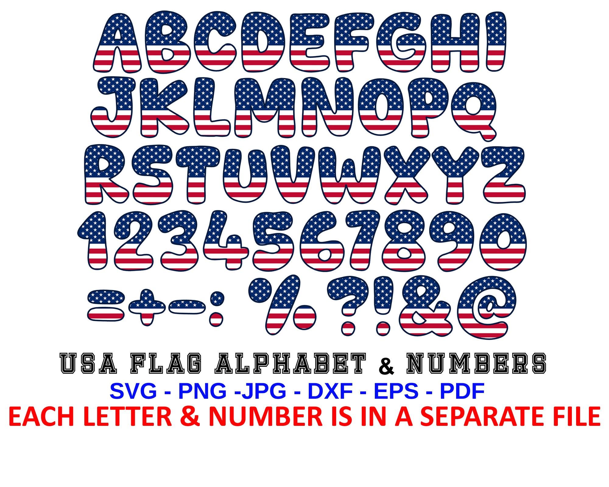AMERICAN FLAG Alphabet and Numbers Png, Usa Alphabet Png, Usa Numbers ...