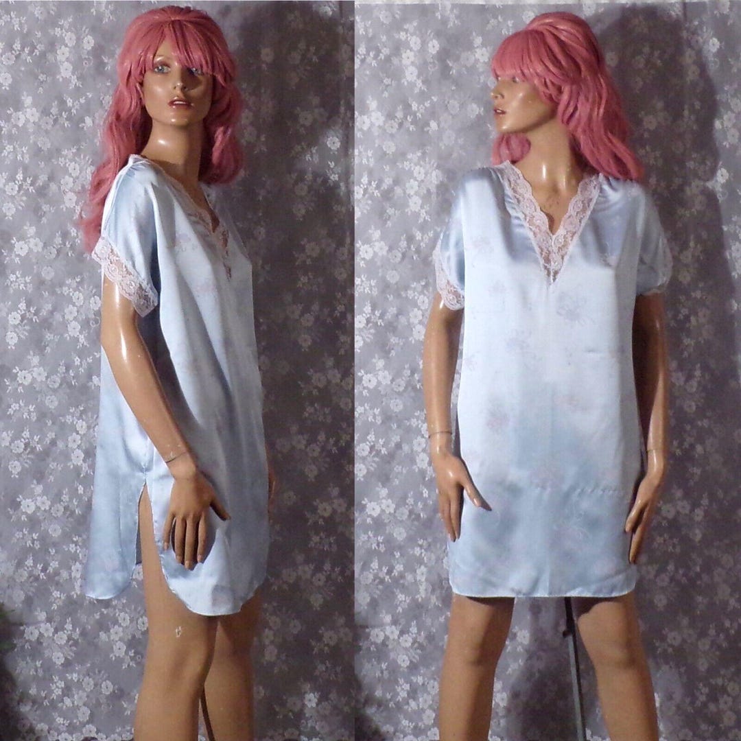 Vintage 70s Nightie 1970s Pale Blue Floral Short Nightgown Cute Sears ...