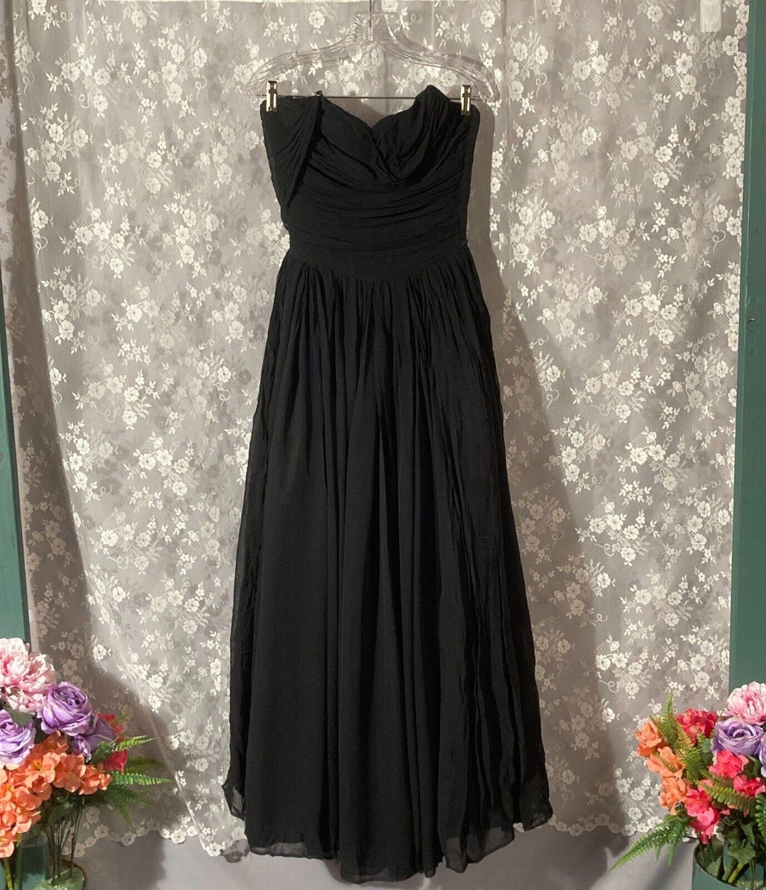 Vintage 50s Chiffon Gown 1950s Black Silk Evening Fancy Strapless Glam ...