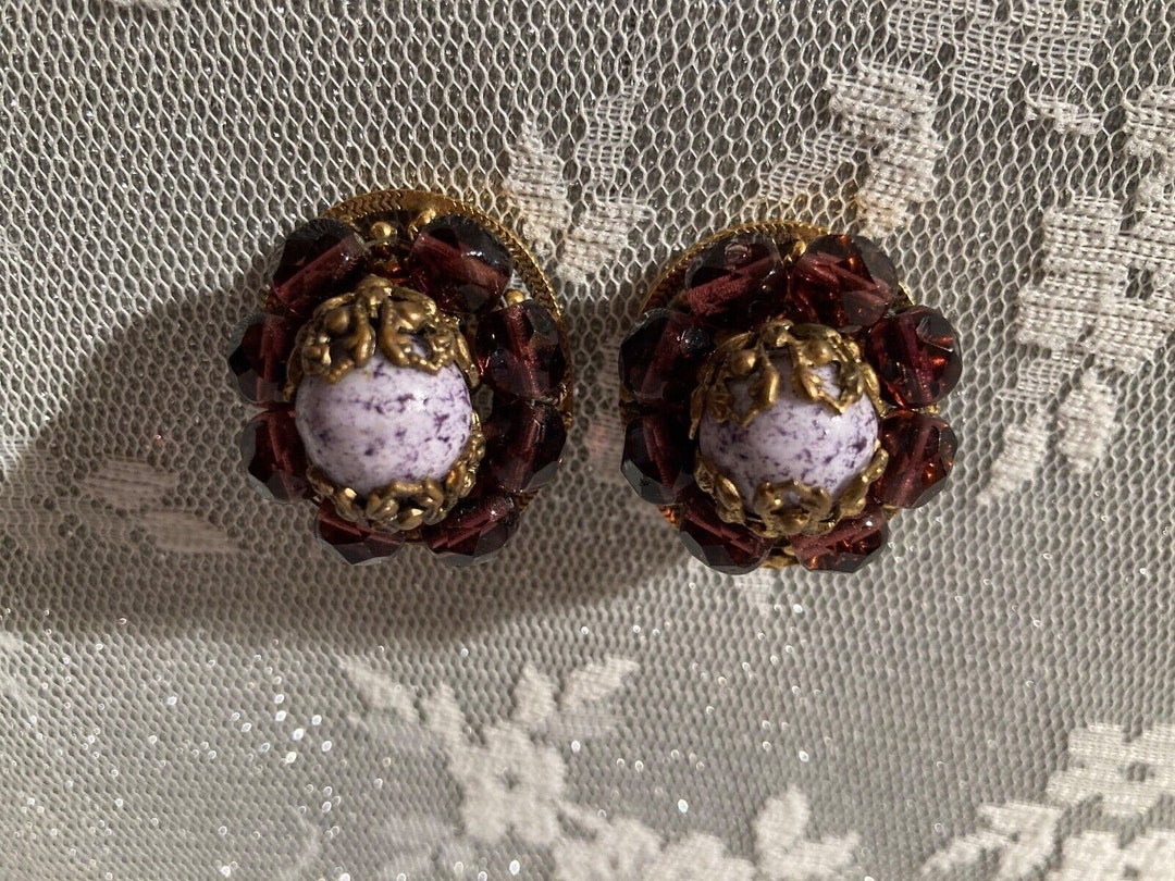 Vintage 50s Earrings 1950s Purple Speckle Crystal Mad Men Retro Hugger ...