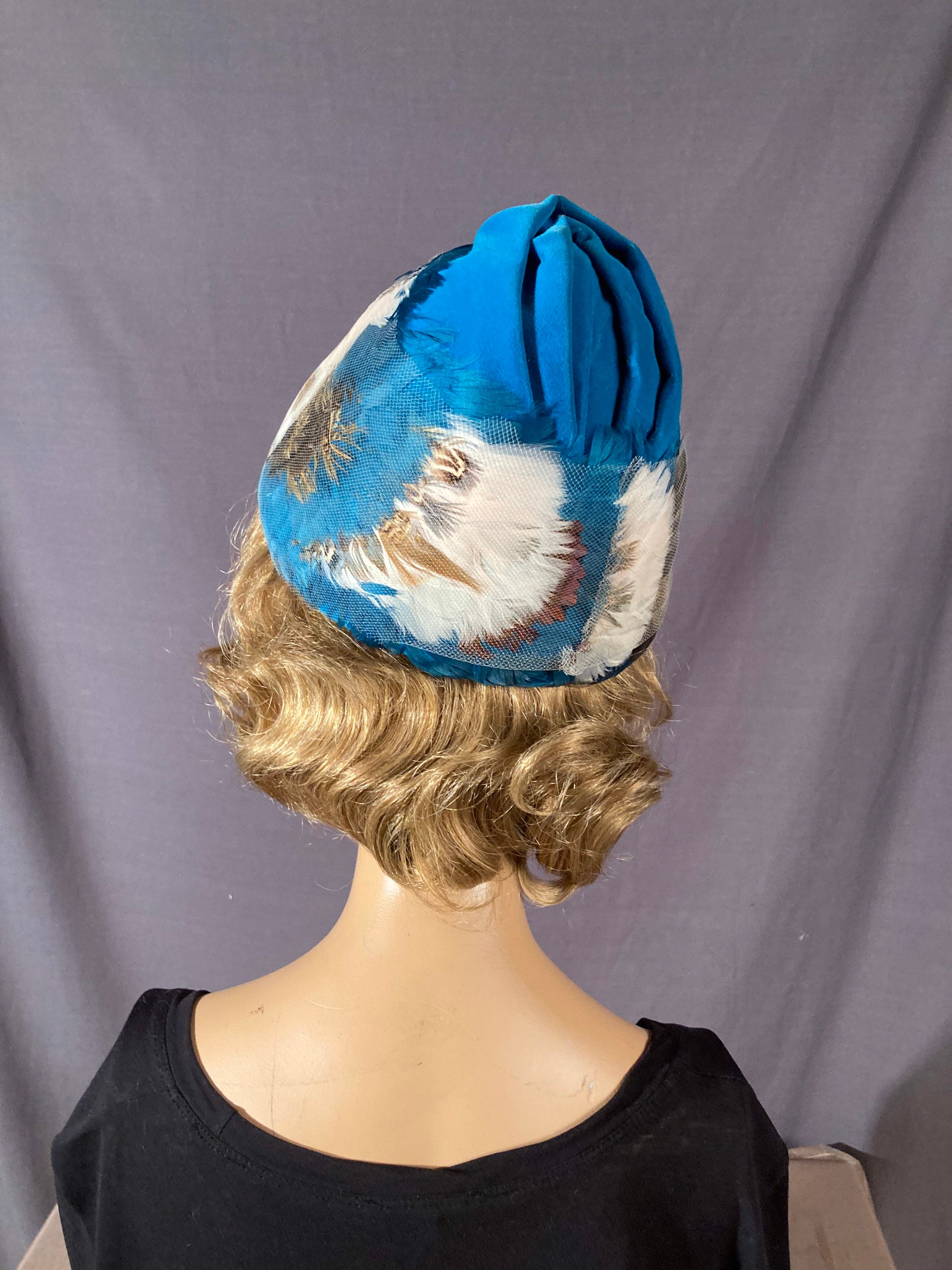 Vintage 1960s Blue Feather Hat 60s Conical Hat - Etsy