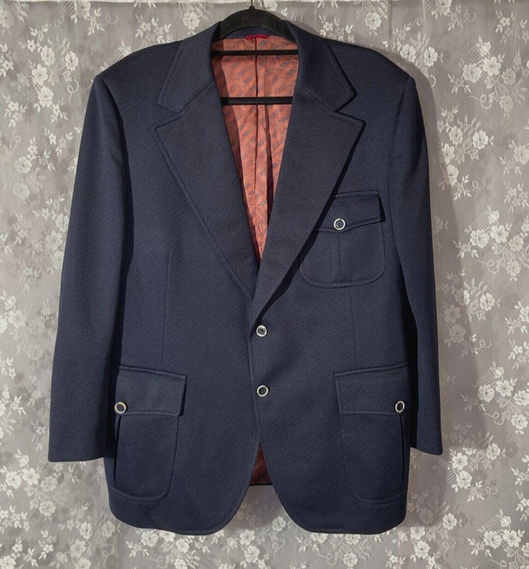 Vintage 70s Sportcoat 1970s Navy Blue Polyester Groovy Blazer Jacket ...