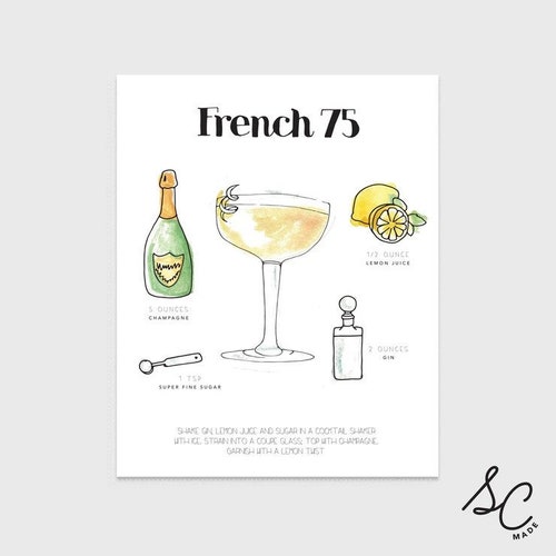 French 75 Cocktail Diagram Watercolor Art Print Bar Art | Etsy