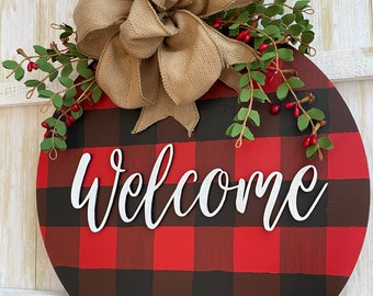 Welcome Red Buffalo Plaid Door Hanger, Welcome Red Buffalo Plaid Wreath ...
