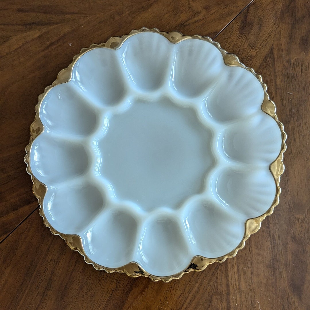 Vintage Mid-century Anchor Hocking Milk Glass Deviled Egg Dish Gold Rimmed Scalloped Edge Egg ...