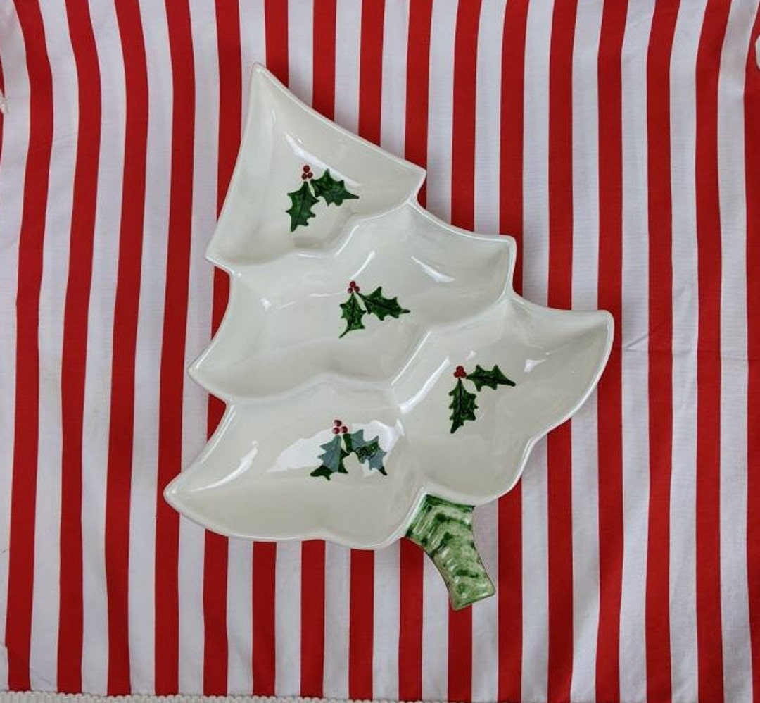 1970's Large Ceramic Mold Christmas Tree Candy Dish Holly Pattern ...