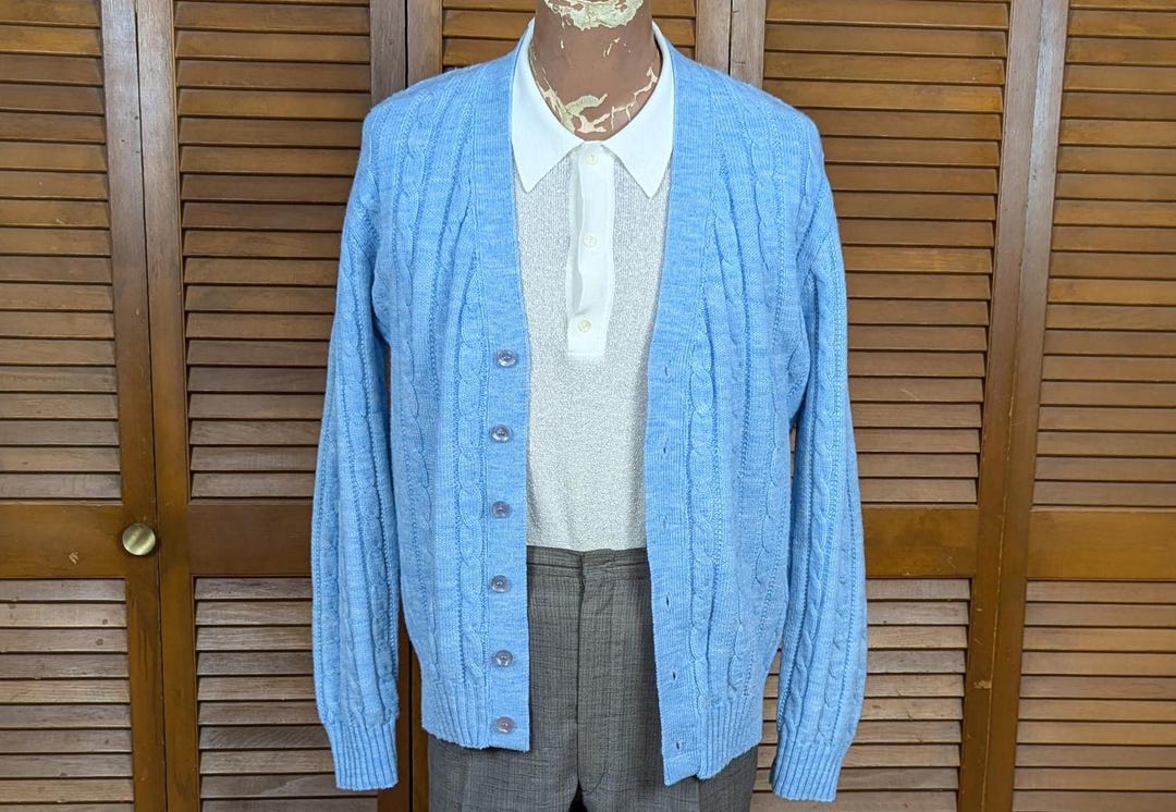 Vintage Jantzen Cable Knit Light Blue Men's Cardigan - Size Large-tall ...