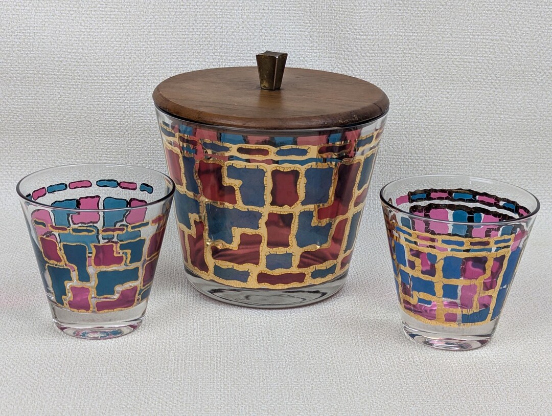Vintage MCM "stained Glass" Ice Bucket Plus 2 Old Fashioned Glasses ...