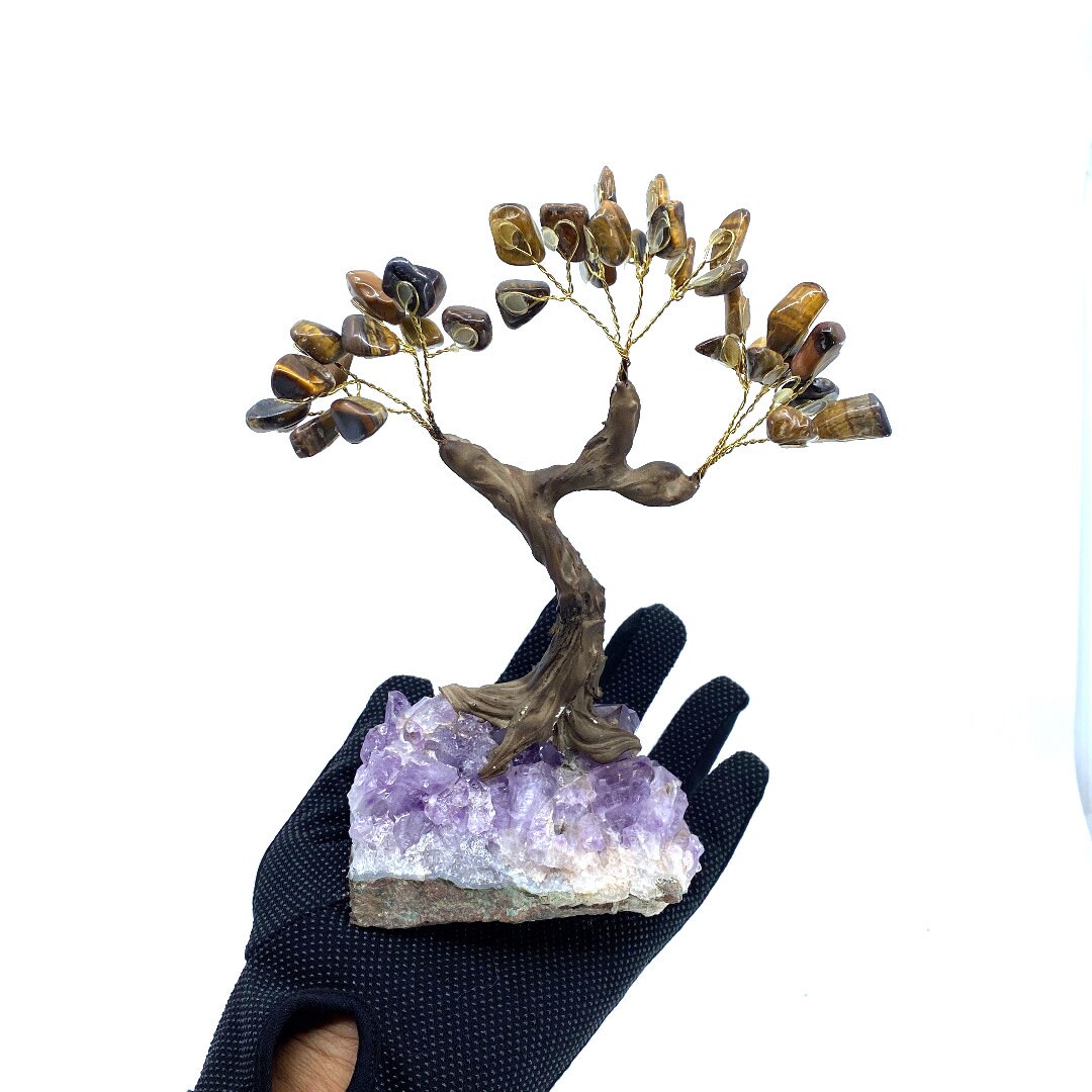 1.3lb Tigers Eye Crystal Bonsai Tree With Amethyst Crystal Base TRE ...
