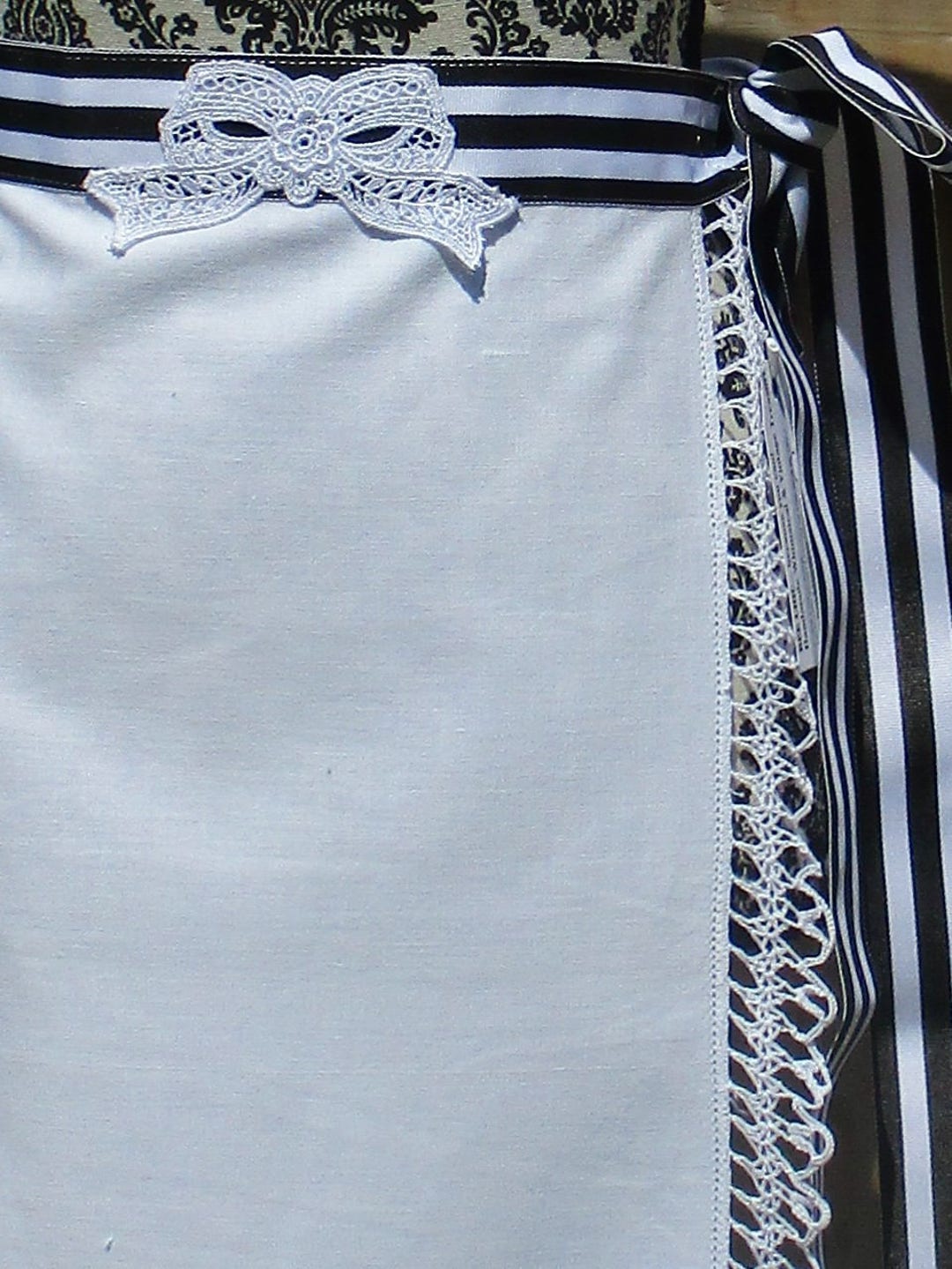 Vintage Embroidered Tea Apron: Repurposed Fabric, Black & White Sash - Etsy