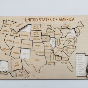 United States Wooden Puzzle Map With Capital City Under/ USA Map Puzzle ...