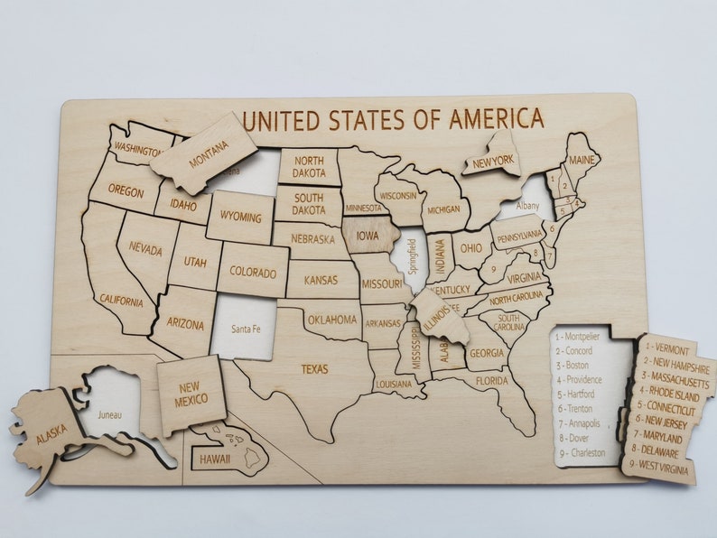 United States Wooden Puzzle Map With Capital City Under/ USA Map Puzzle ...