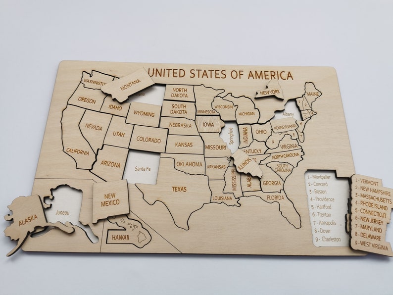 United States Wooden Puzzle Map With Capital City Under/ USA | Etsy