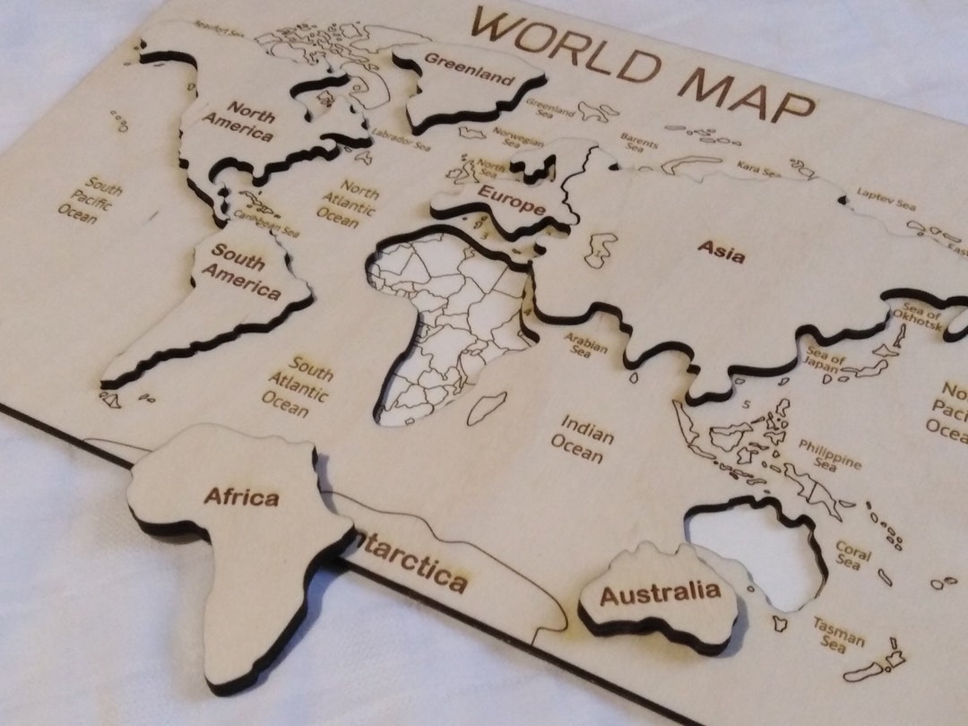 World Wooden Puzzle Map With Borders Countries Under/ World Map Puzzle ...