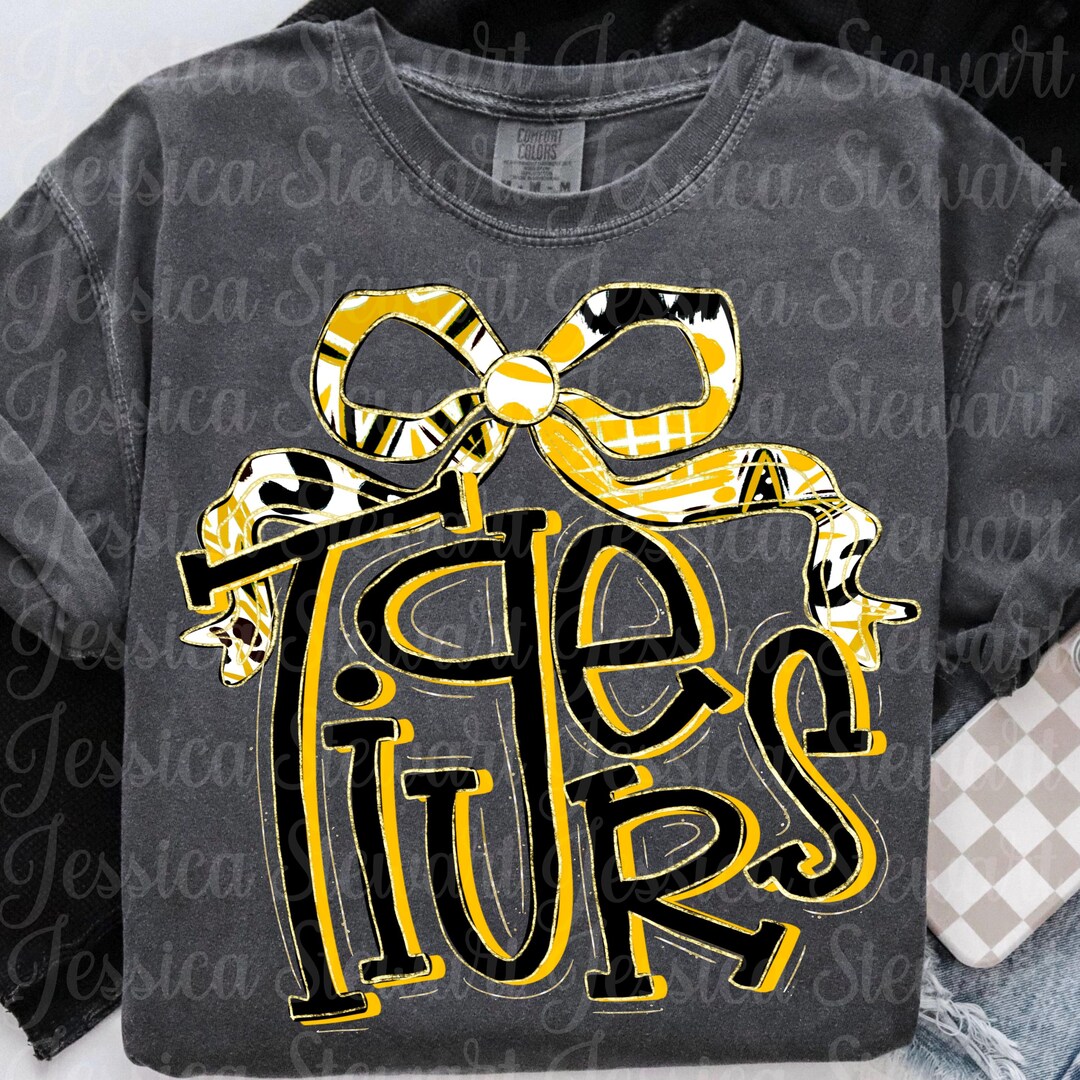 Tigers Black Yellow Coquette Bow Faux Glitter Retro PNG, Digital File ...