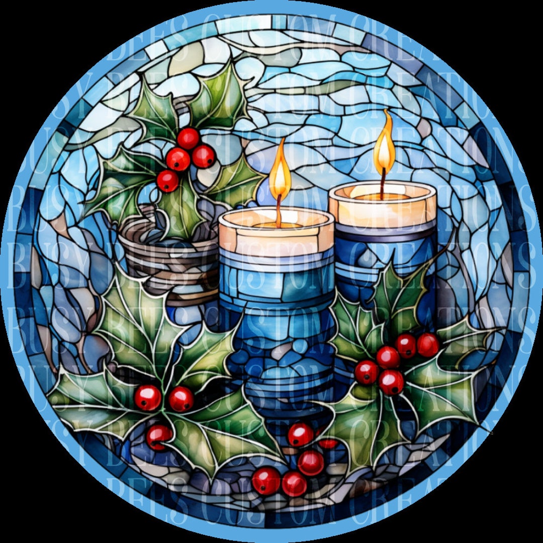 Stained Glass Look Blue Candles With Holly Christmas Wreath Sign - Etsy