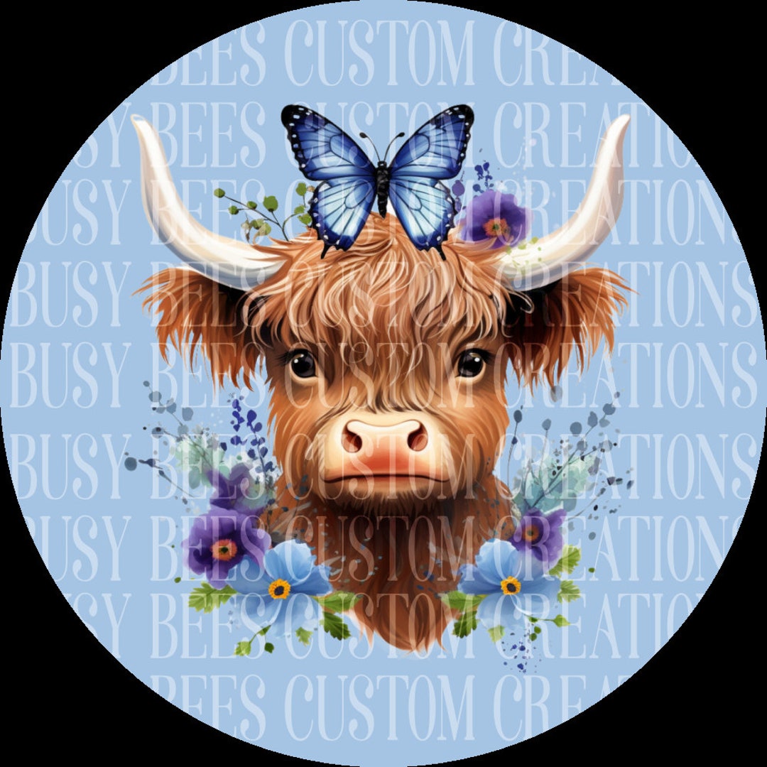 Blue Highland Cow Sign With Butterfly Metal Wreath Sign - Etsy