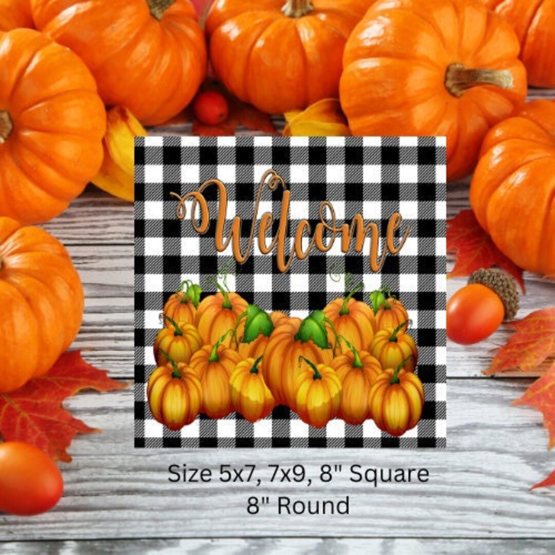 Black and White Buffalo Plaid Welcome Pumpkins Fall Aluminum Wreath ...