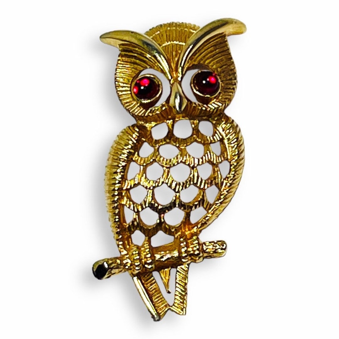 Vintage Avon Owl Pin Red Jewel Eyes Openwork Gold Tone Missing Pin ...