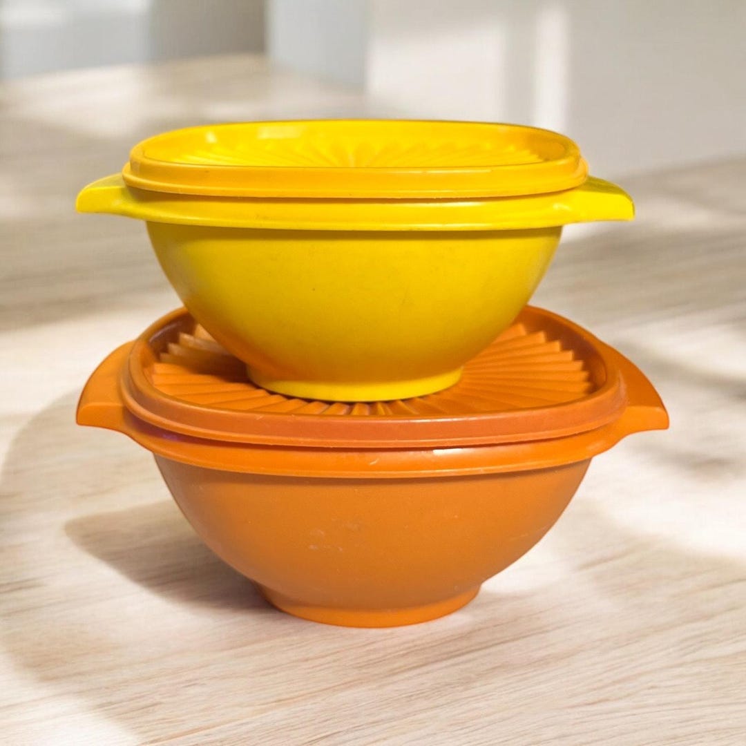 2 Vintage Tupperware Servalier Starburst Snap Lock Lid Orange Yellow ...