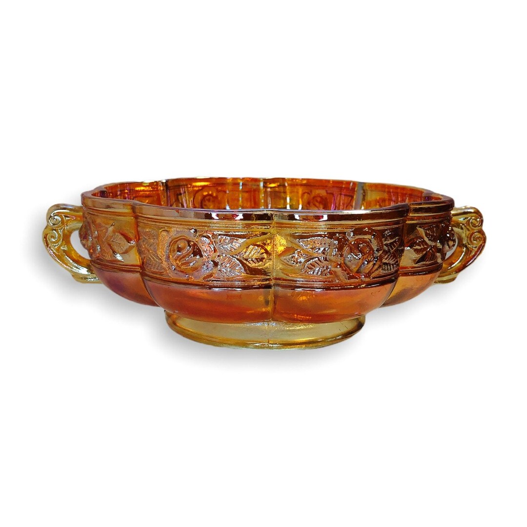 Aztec Rose, Two Handled Footed Bowl, Iridescent Marigold, Jeanette ...