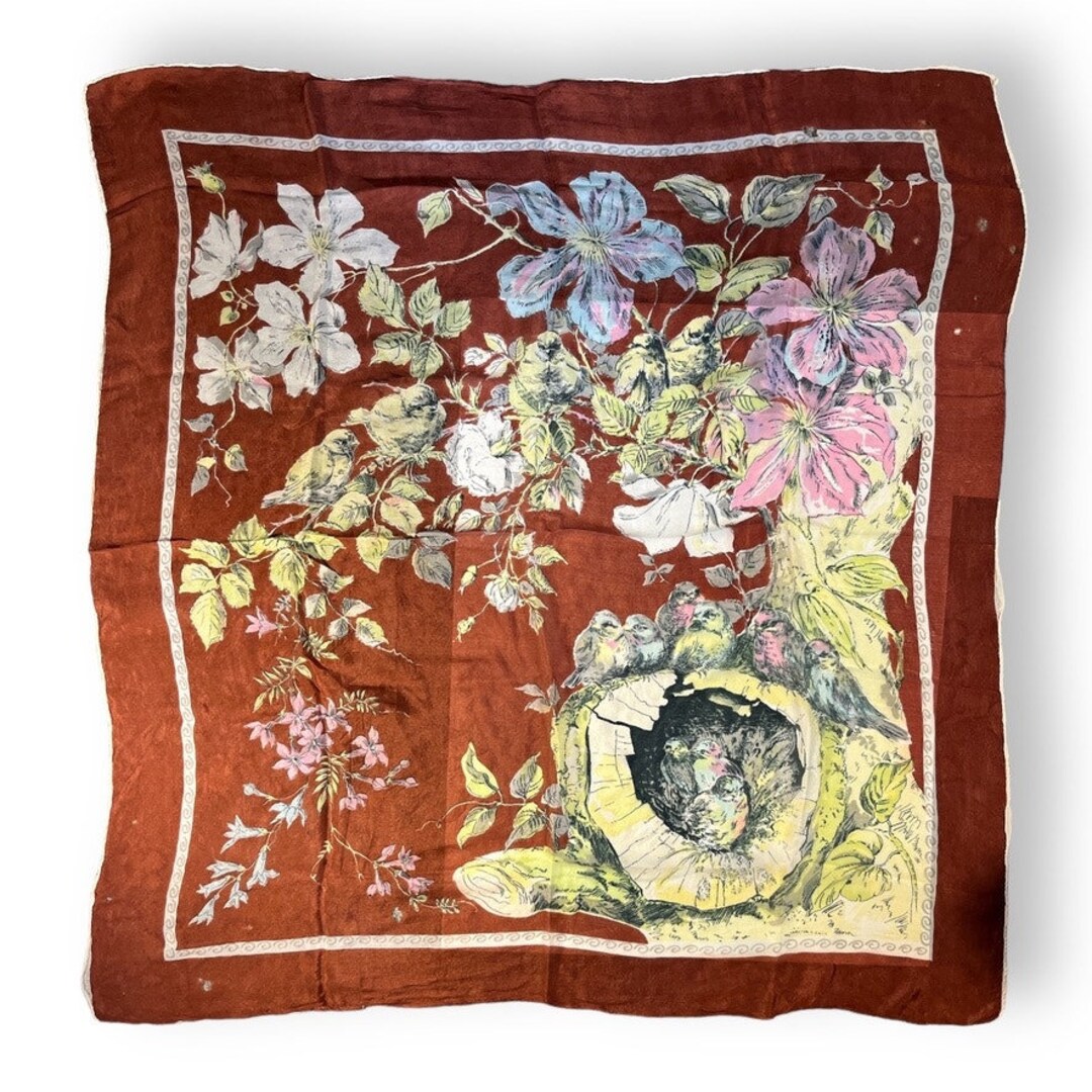Vintage Large Silk Scarf Birds Nest Dogwood Flowers Hand Rolled Hem ...