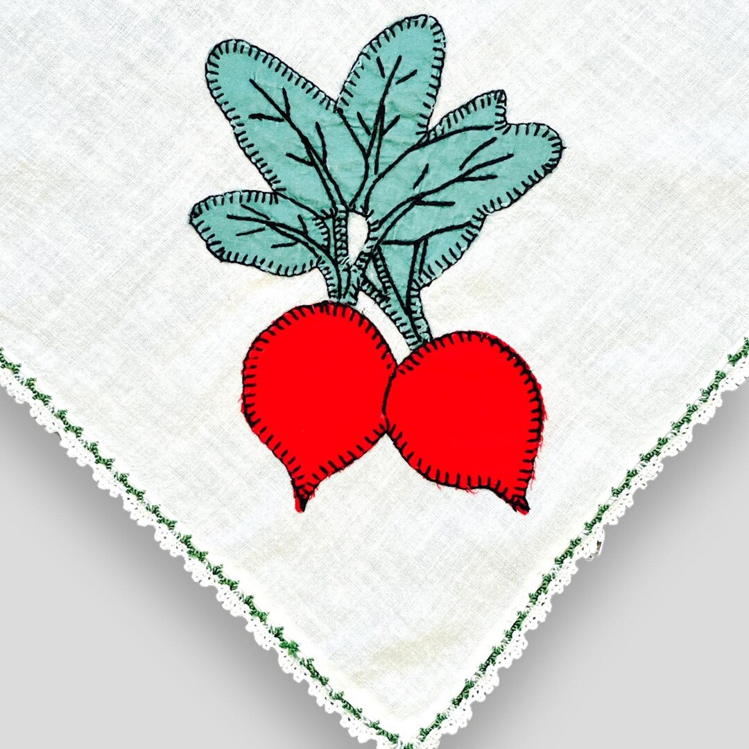 Tablecloth, Vintage, Applique Vegetables, Kitchen Table Topper, Lace ...
