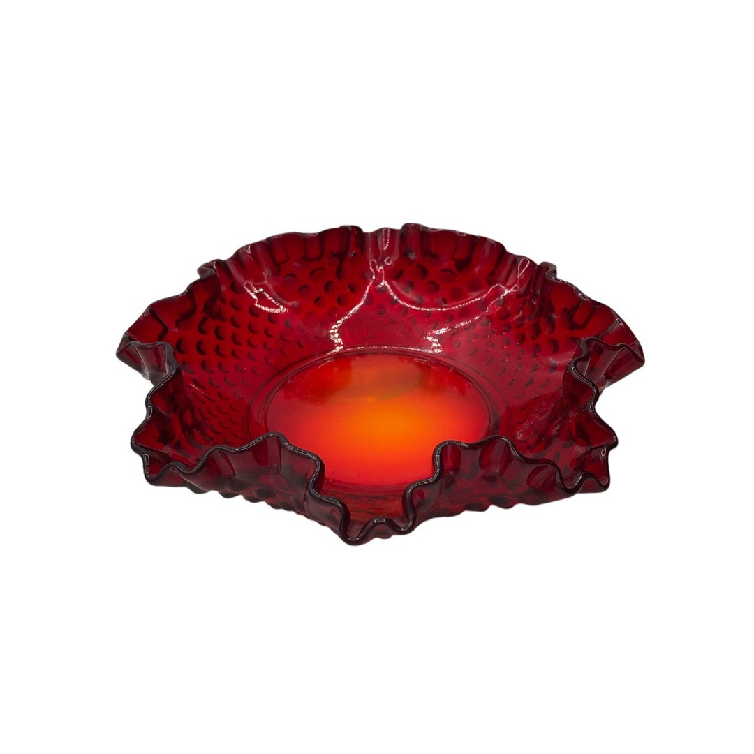 Fenton, Ruby Red, Ruffled Hobnail Glass, Trinket or Nut Bowl, Vintage ...