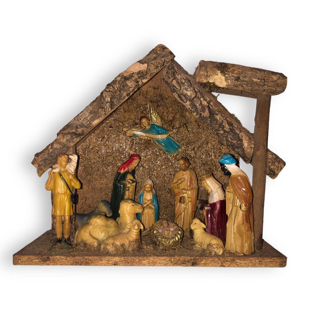 Nativity Creche Vintage 1970s Rustic Stable 12 Figure Complete Mary ...
